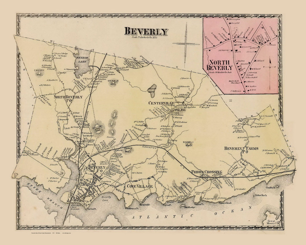 Beverly 1872 Old Town Map Reprint North Beverly, Prides Crossing Essex ...