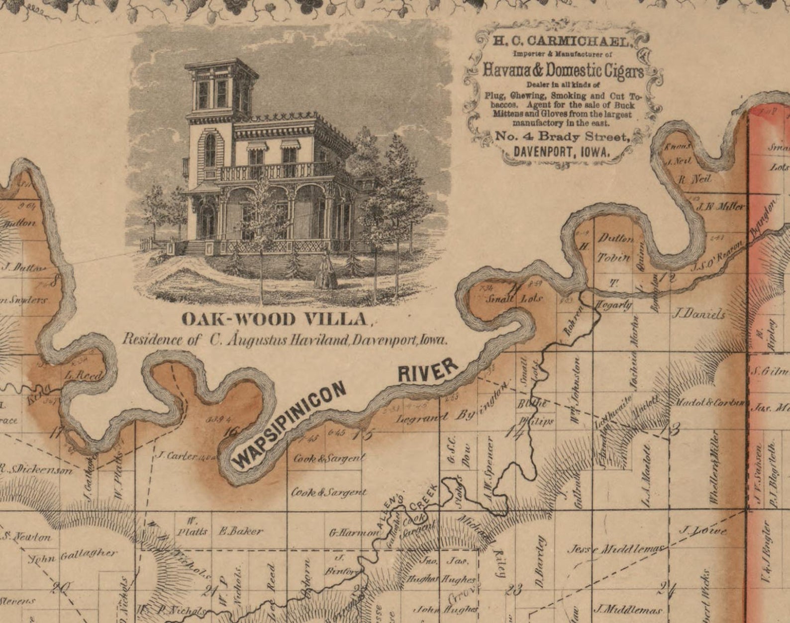 Scott County Iowa 1860 Old Wall Map With Landowner Names Farm Lines ...