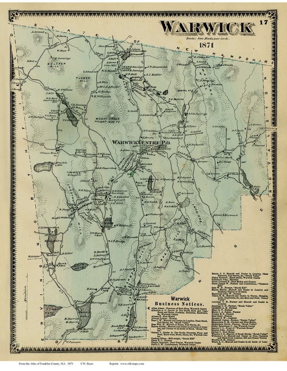 Warwick 1871 Old Town Map Reprint Franklin County | Etsy