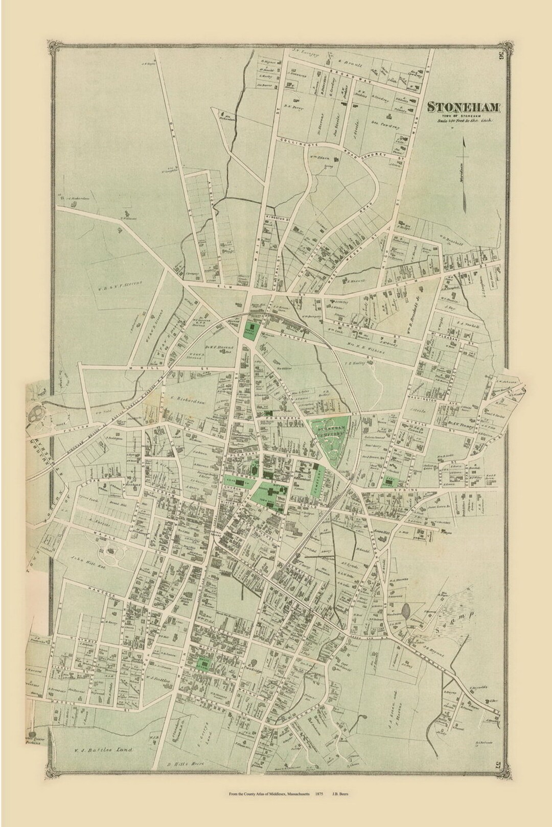 Stoneham Village - 1875 - Old Town Map Reprint - Middlesex County ...