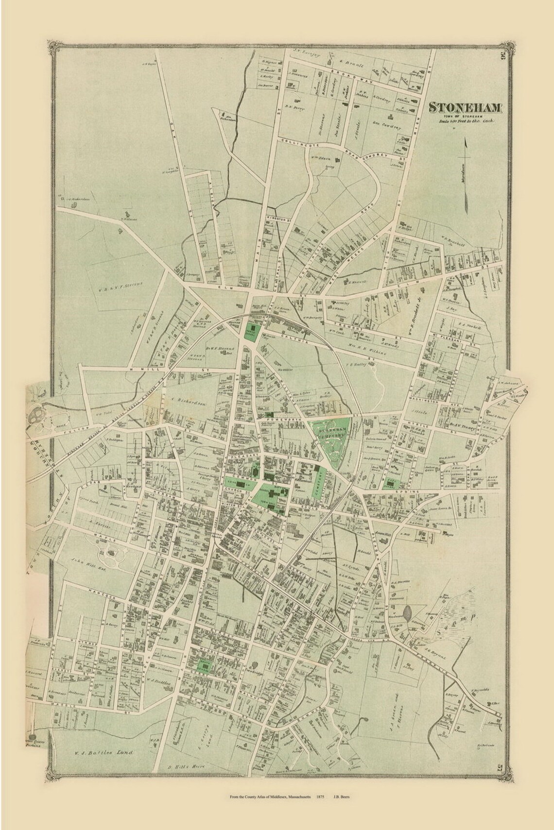 Stoneham Village - 1875 - Old Town Map Reprint - Middlesex County ...