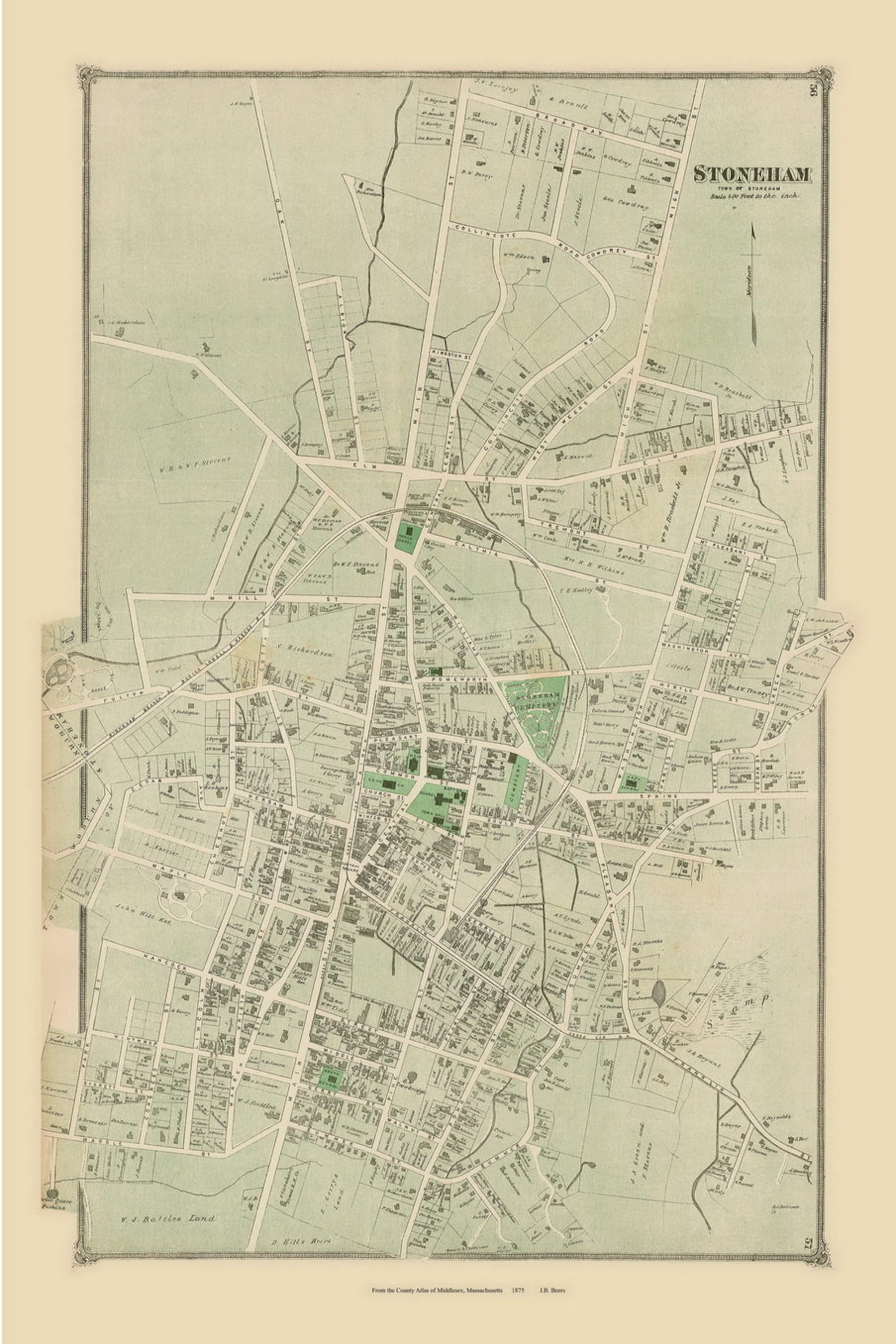 Stoneham Village - 1875 - Old Town Map Reprint - Middlesex County ...