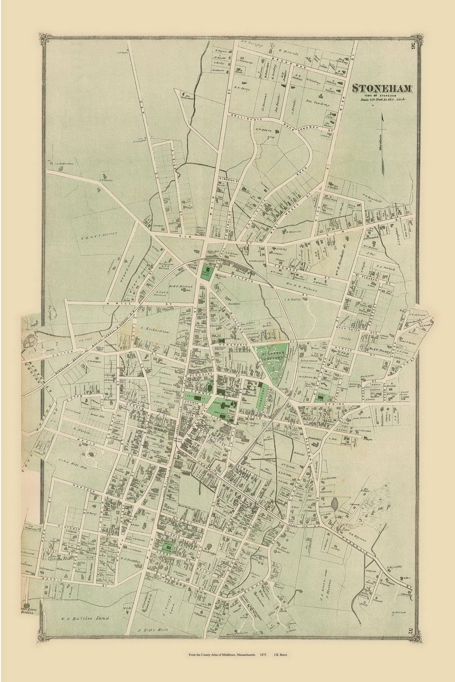 Stoneham Village - 1875 - Old Town Map Reprint - Middlesex County ...