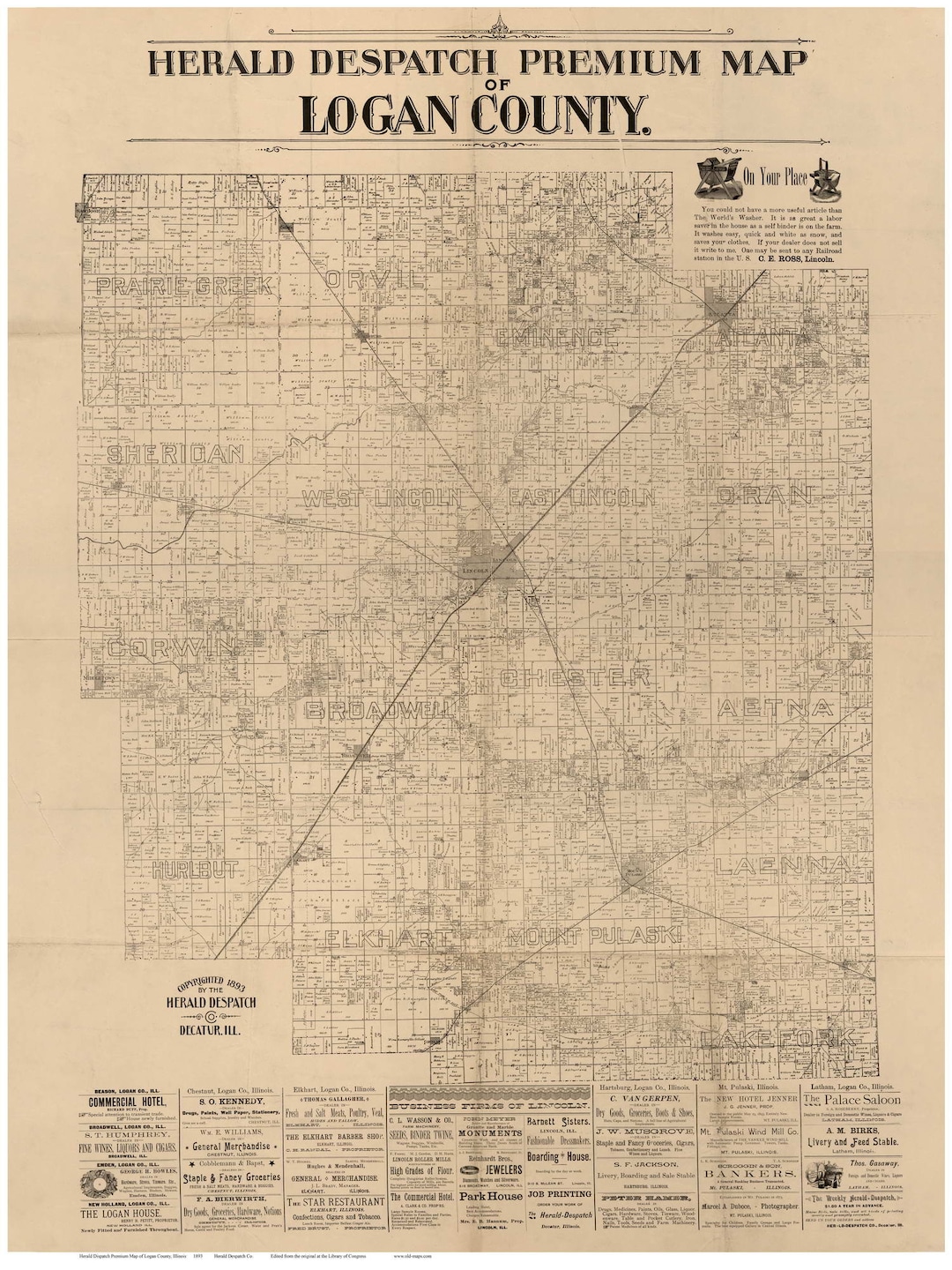 Logan County Illinois 1893 - Old Wall Map Reprint With Homeowner Names ...