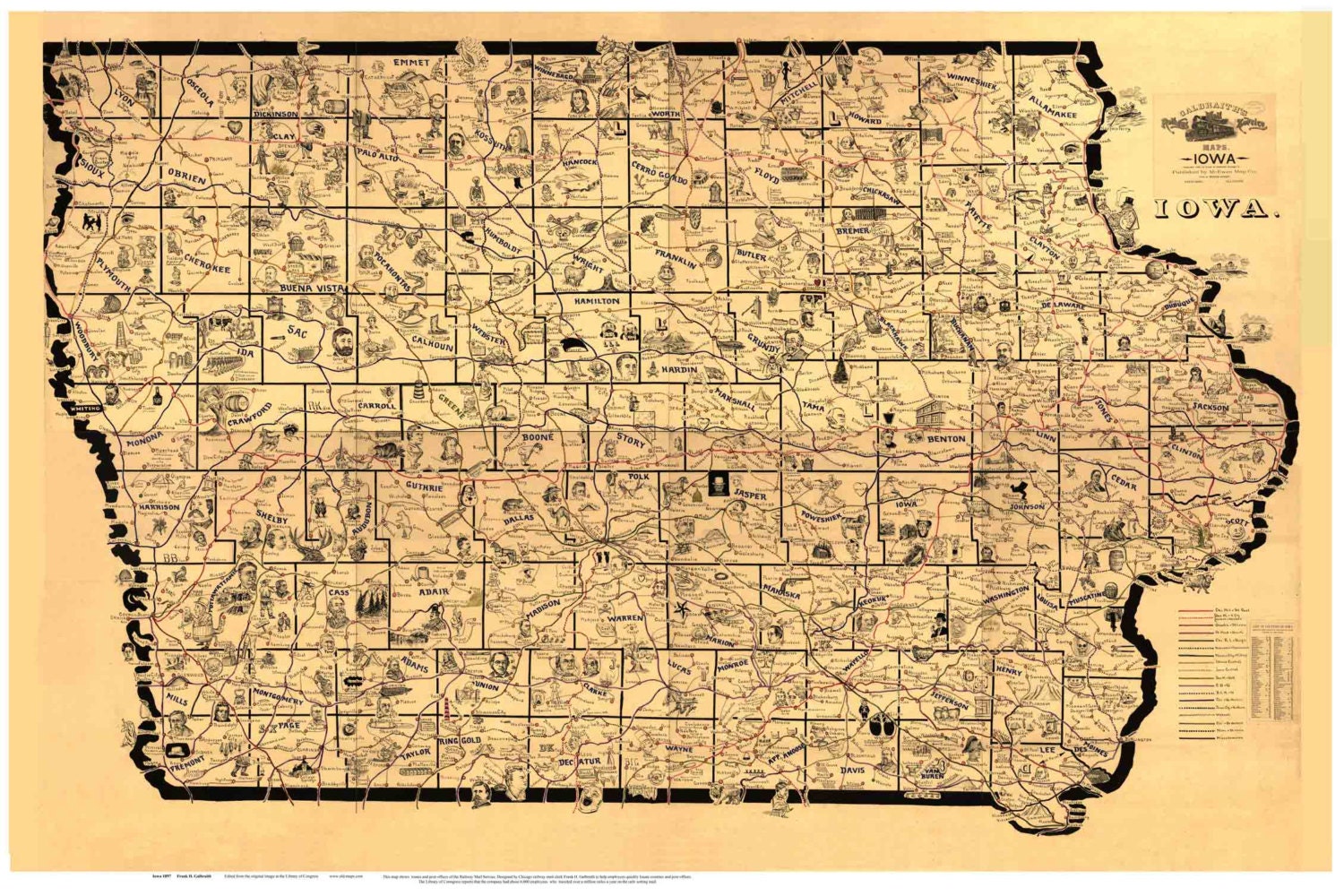 Iowa 1897 Railroad Map Quirky Galbraith State Map | Etsy