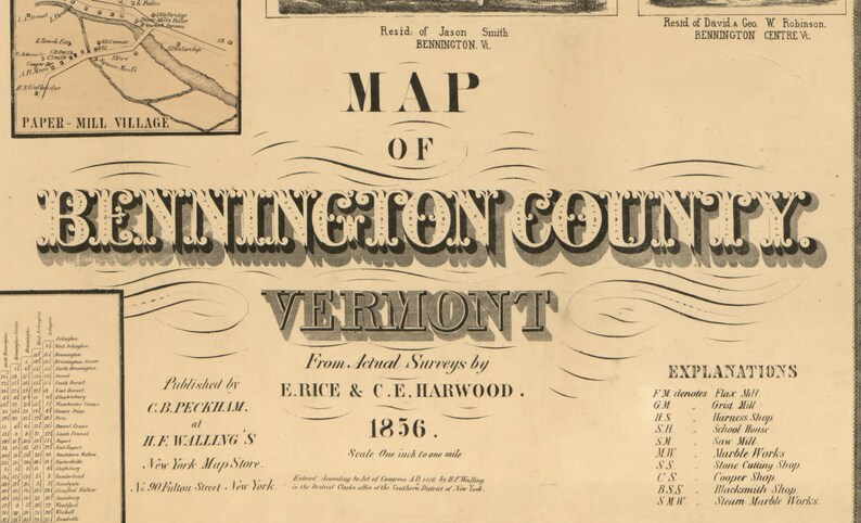 Bennington County Vermont 1856 - Old Wall Map Reprint With Homeowner ...