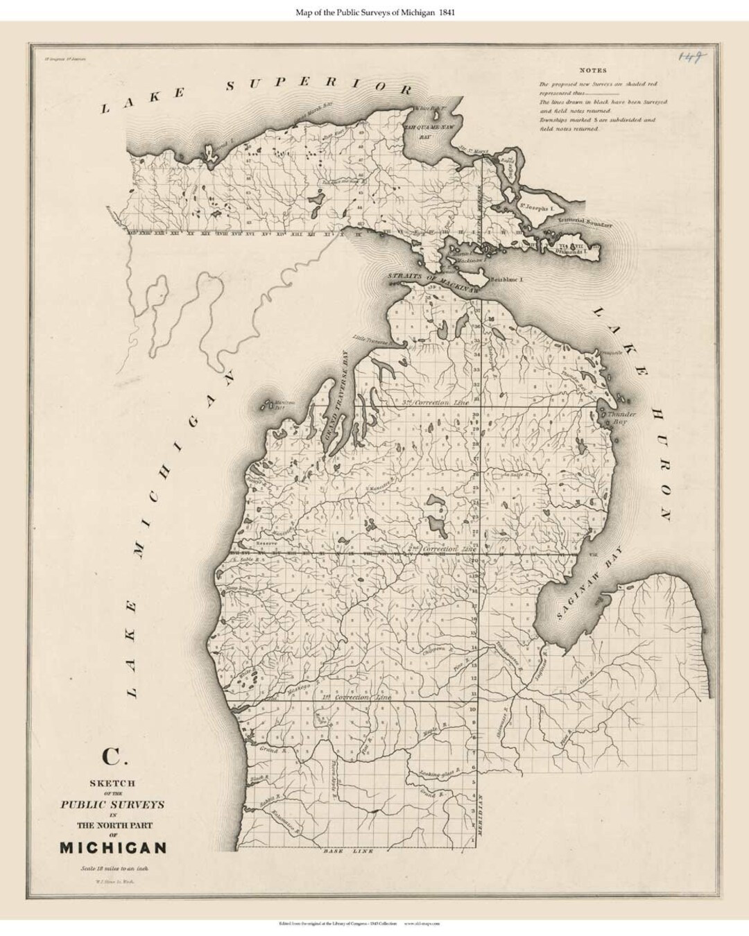 Michigan Public Surveys 1841 Old Map Northern - Reprint 1843 Regional ...