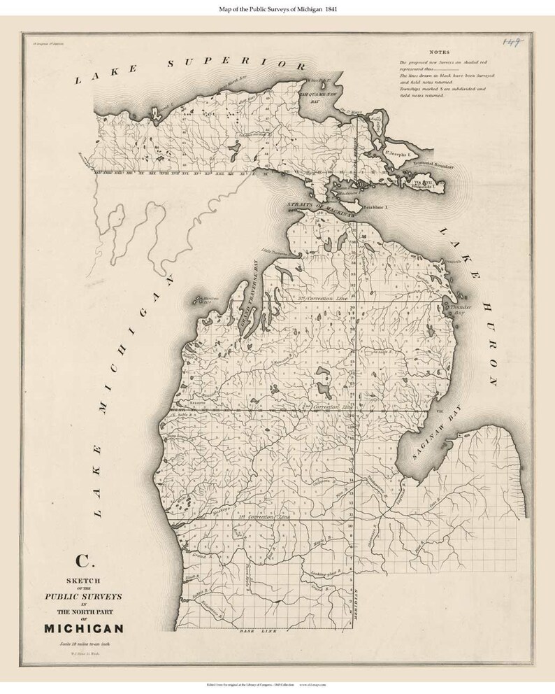 Michigan Public Surveys 1841 Old Map Northern Reprint 1843 - Etsy