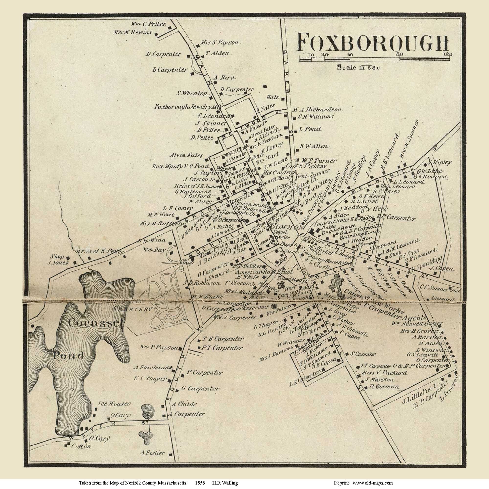 Foxborough Village 1858 Old Map Norfolk County Massachusetts 1858 ...