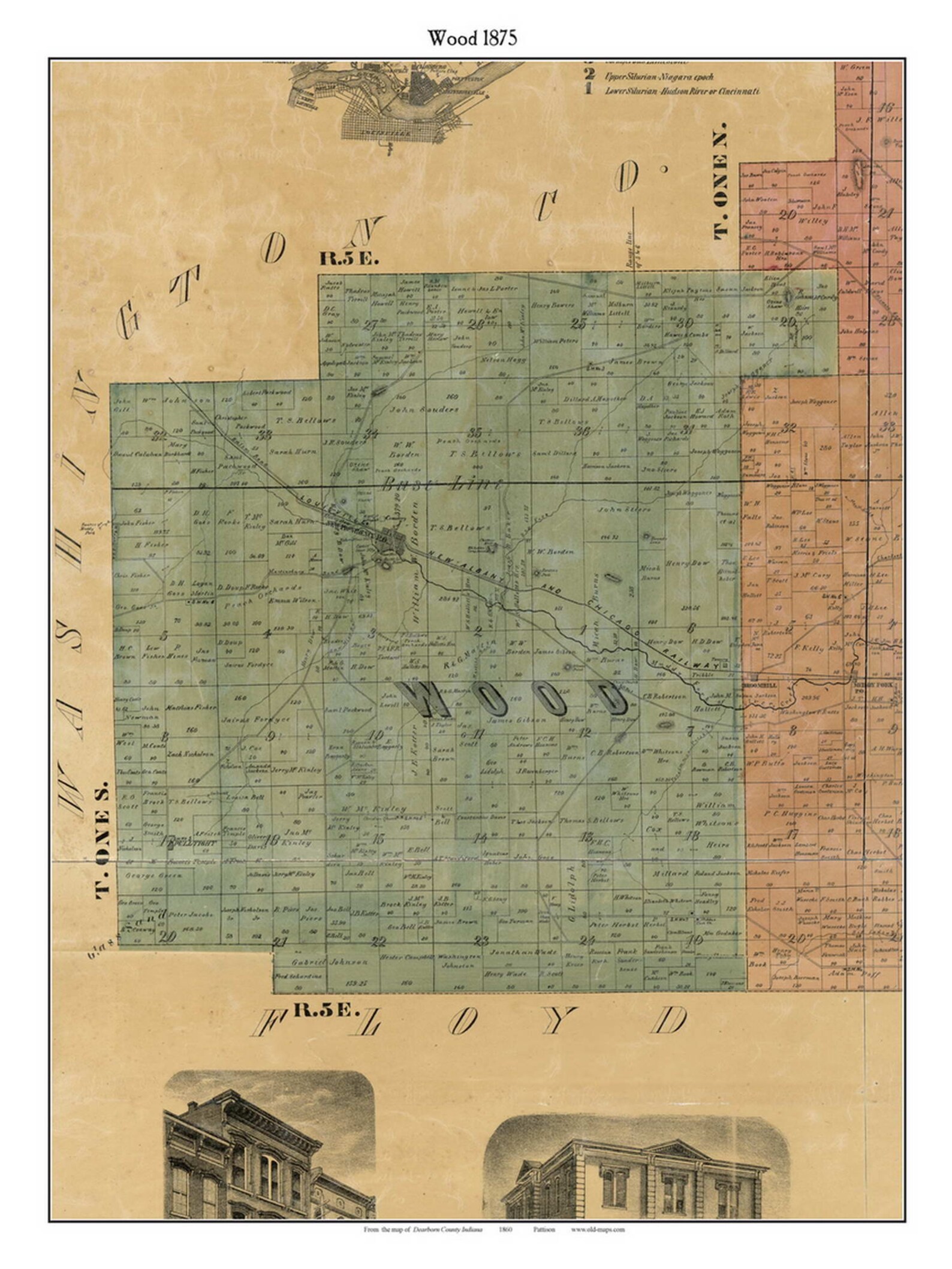 Wood 1875 Old Town Map With Homeowner Names Indiana New Providence ...