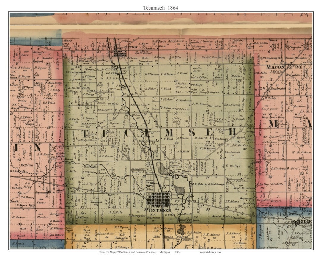 Tecumseh 1864 Old Town Map With Homeowner Names - Michigan - Reprint ...