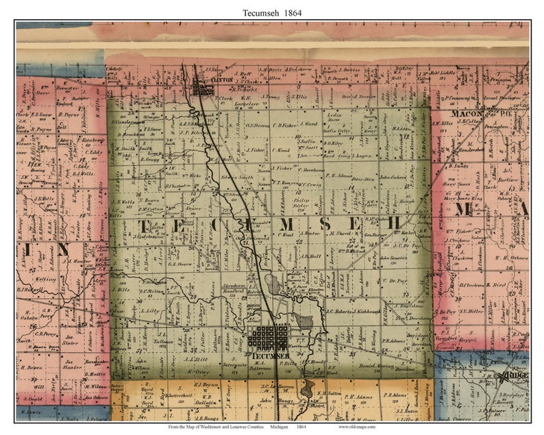Tecumseh 1864 Old Town Map With Homeowner Names - Michigan - Reprint ...