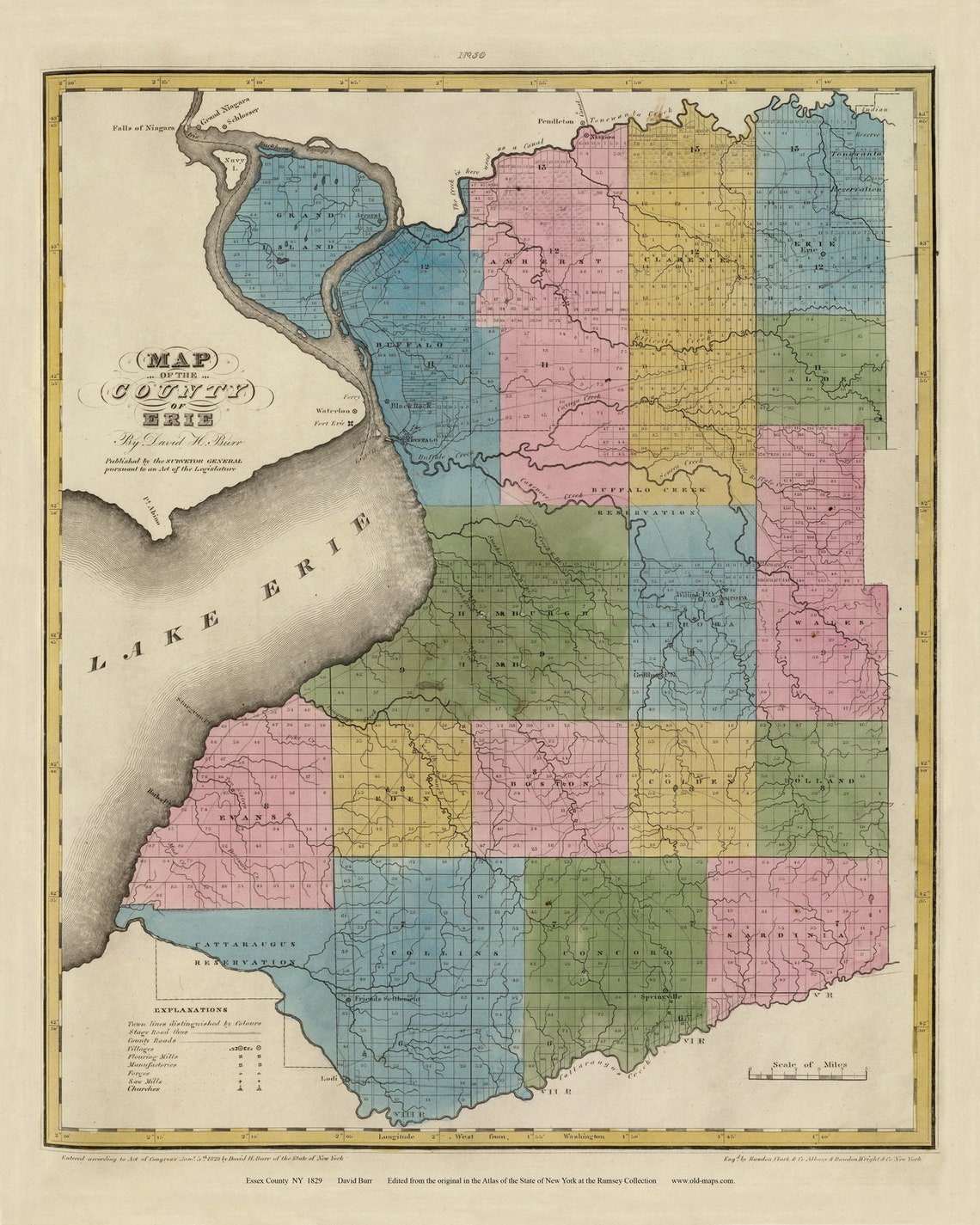 Erie County 1829 Lot Lines Grand Island Fort Erie Old Map Reprint Burr ...
