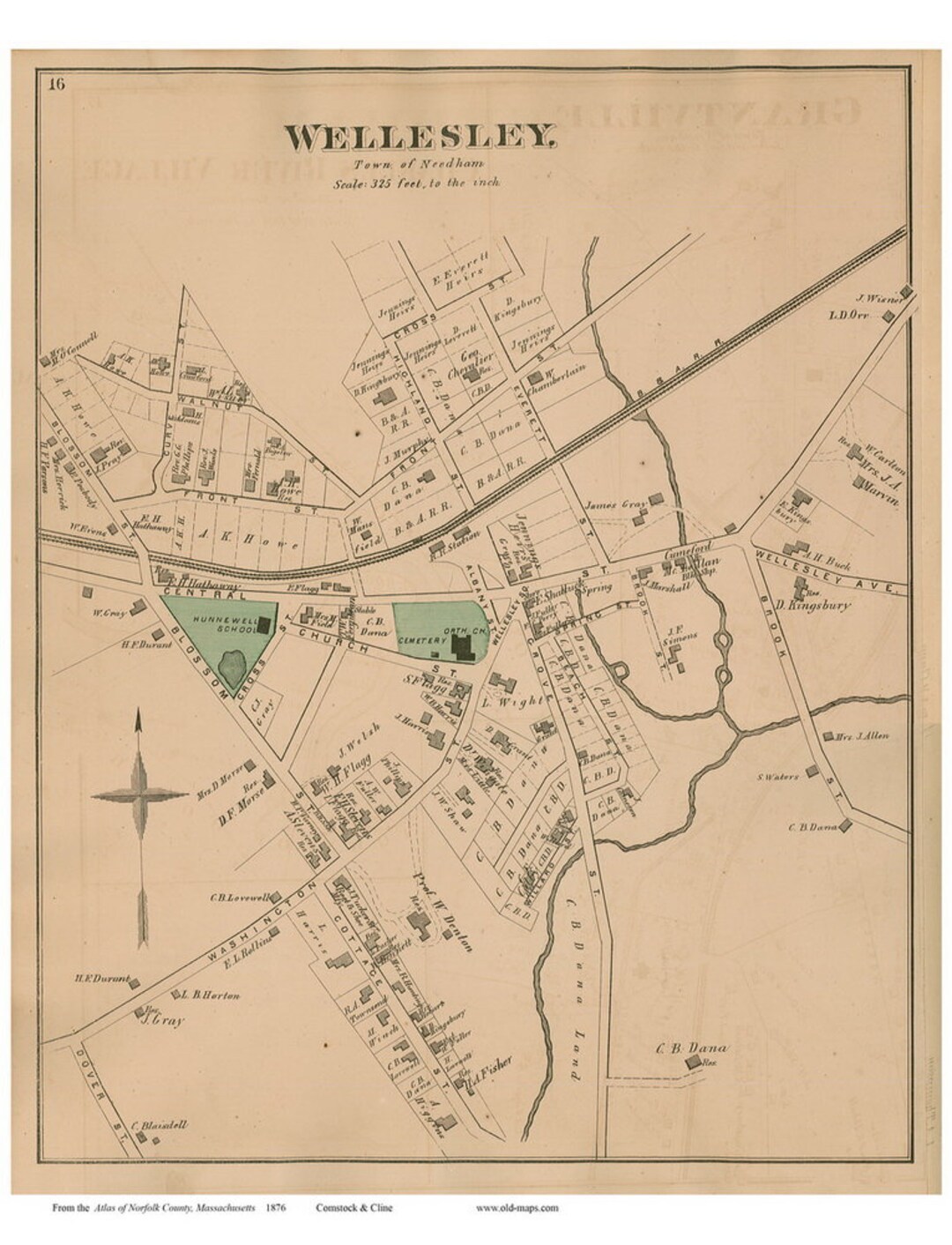 Wellesley Village (part of Needham) - 1876 - Old Town Map Reprint ...