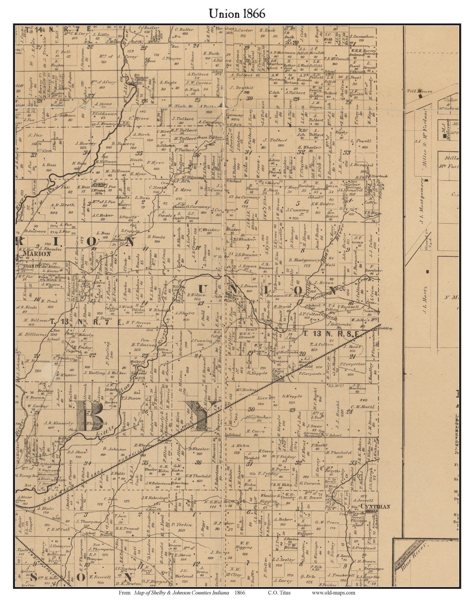 Union 1866 Old Town Map with Homeowner Names Indiana Réimpression ...
