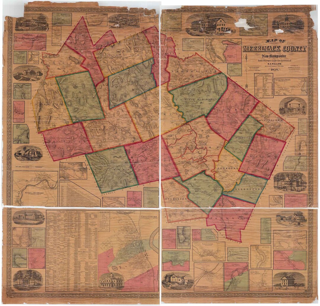 Merrimack County Nh 1858 Original Wall Map Homeowner Names 4 Pieces ...