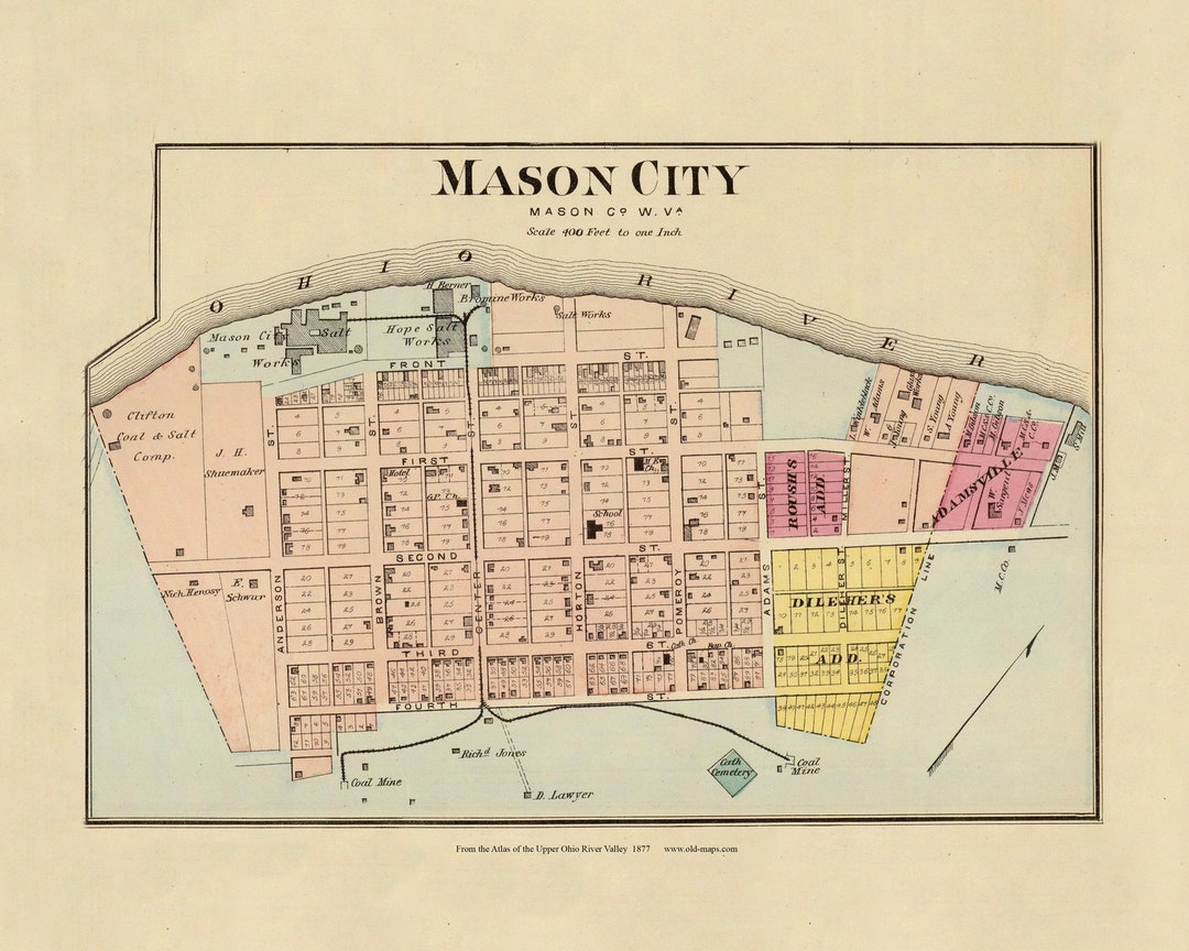 Mason City 1877 Old Town Map Mason County West Virginia Ohio Valley ...
