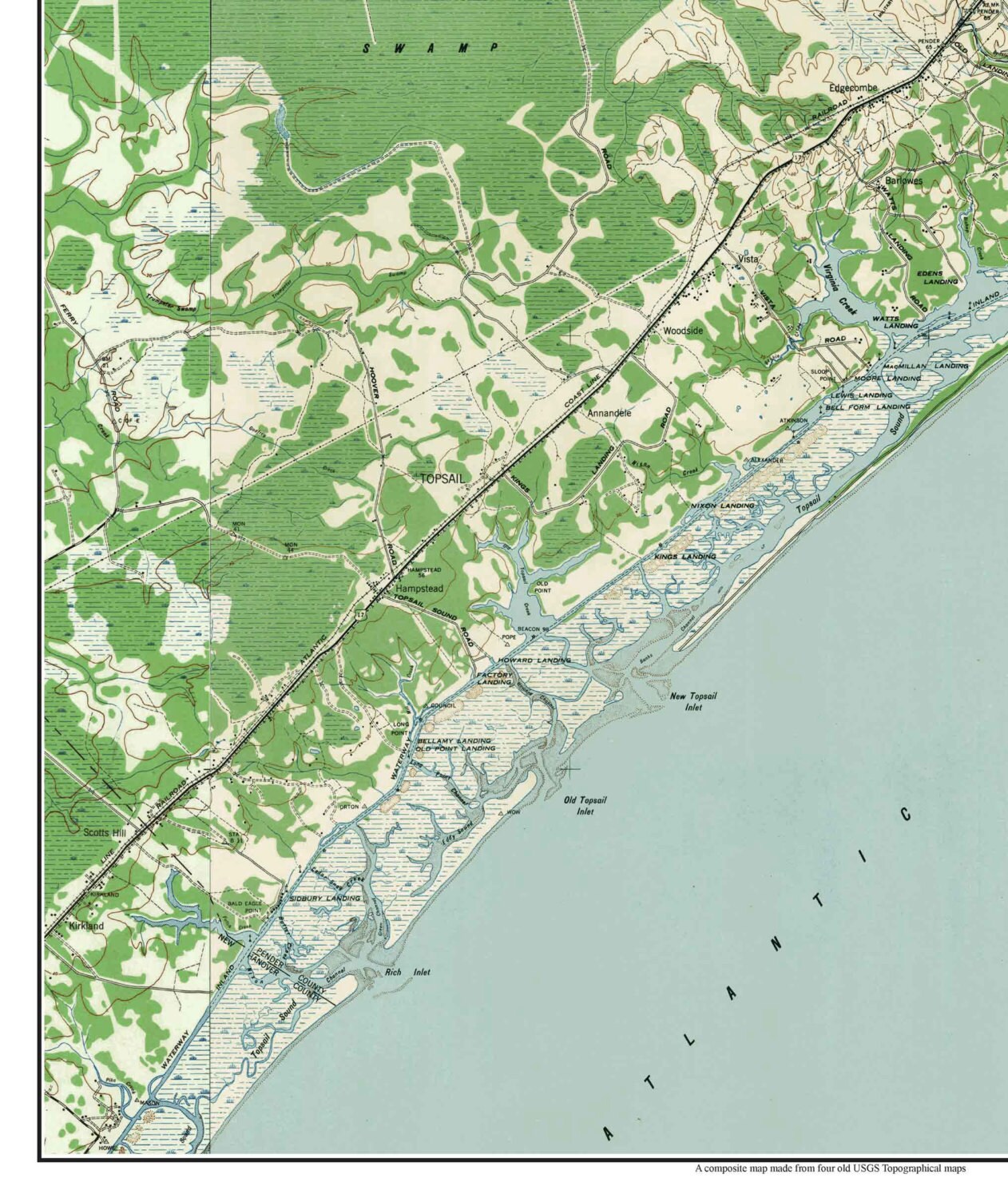 Topsail Sound 1948 Map - Old Topographic USGS Custom Composite Reprint ...