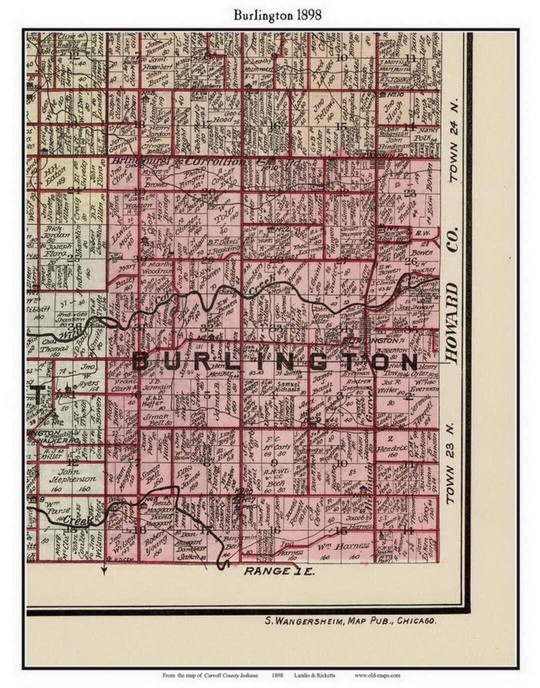 Burlington 1898 Old Town Map With Homeowner Names Indiana - Reprint ...