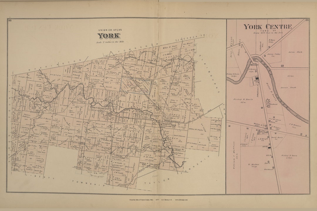 York 1877 Old Town Map With Homeowner Names Ohio Reprint Genealogy ...