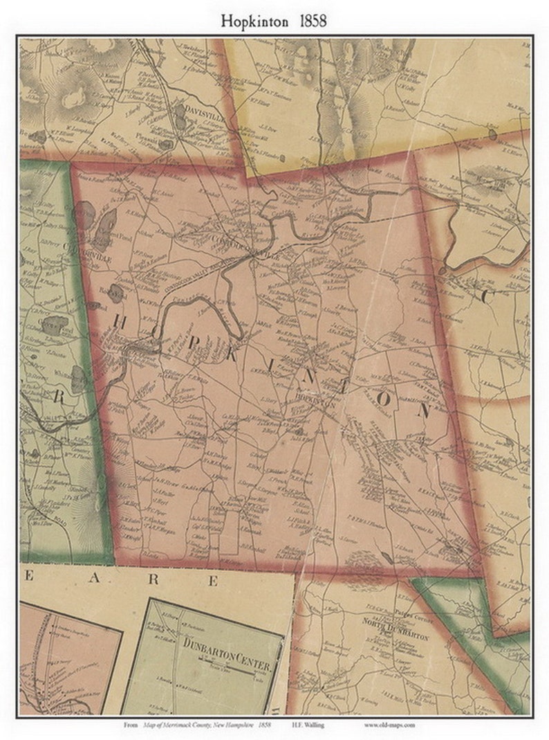 Hopkinton 1858 Old Town Map With Homeowner Names New Hampshire | Etsy