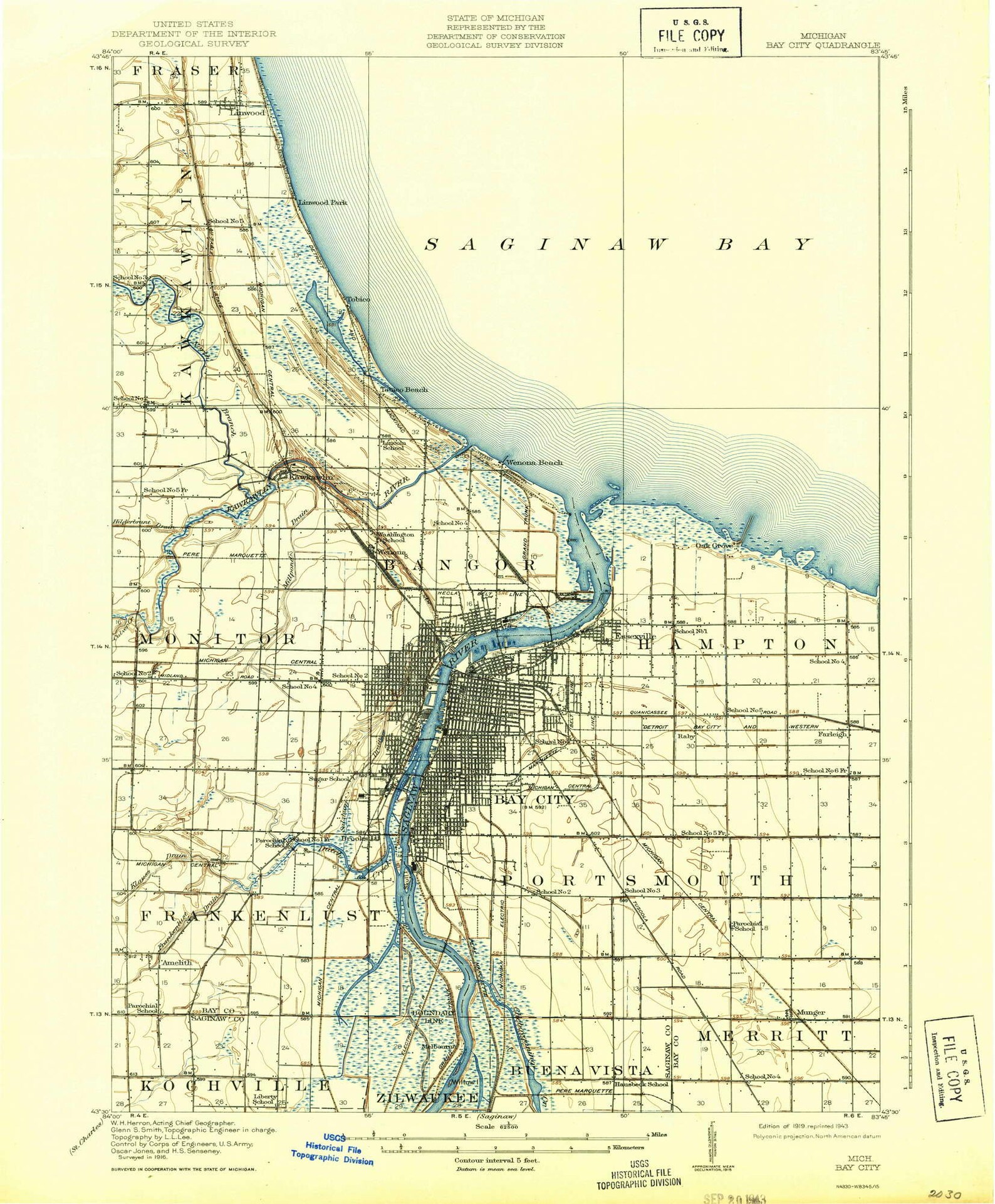 Bay City 1919 (1943) Old Topo Map - Saginaw Bay - Quad Reprint 15x15 ...