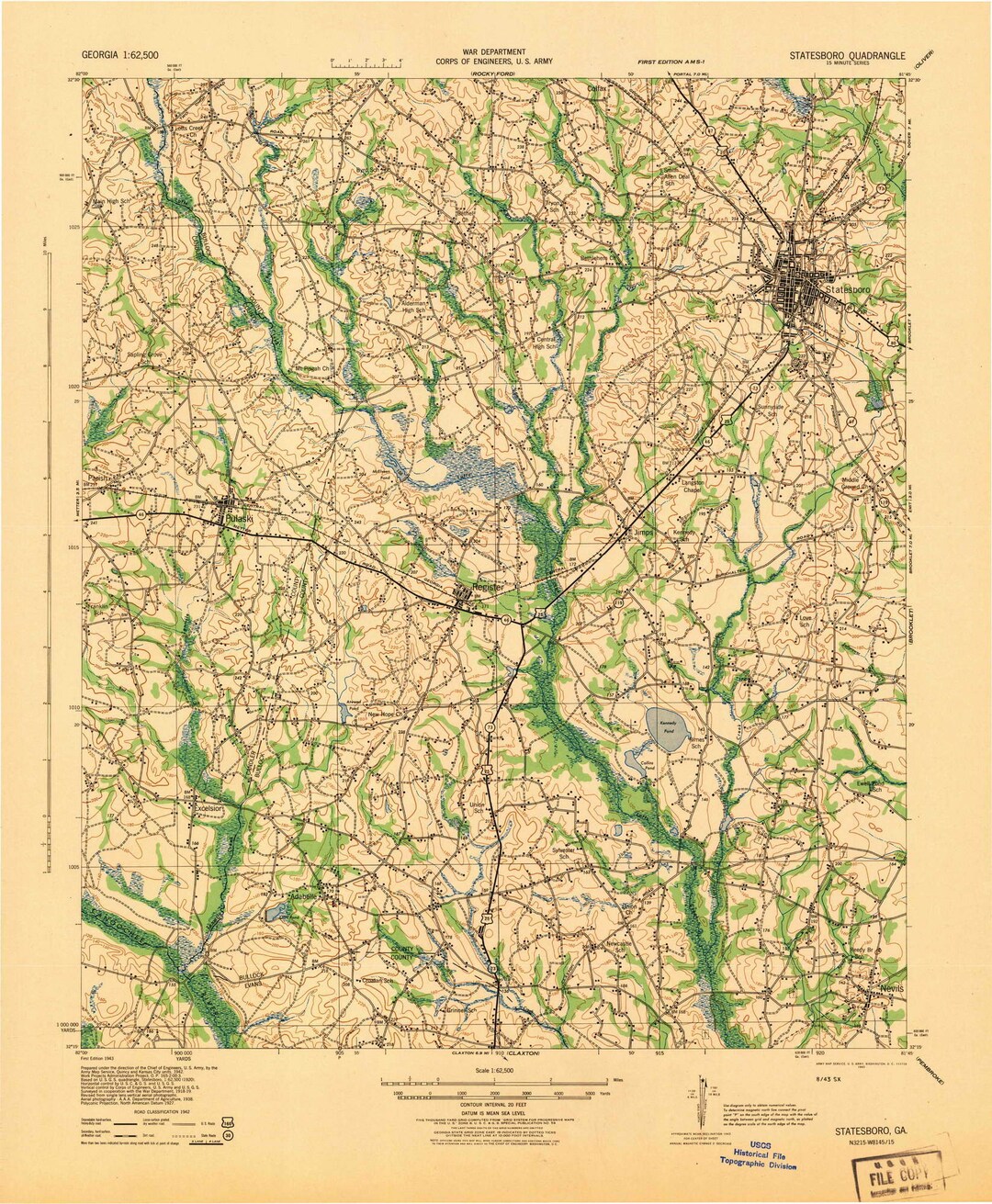 Statesboro 1943 Old Topo Map - Register - Pulaski - Nevils - Kennedy ... Statesboro 1943 Old Topo Map - Register - Pulaski - Nevils - Kennedy ...