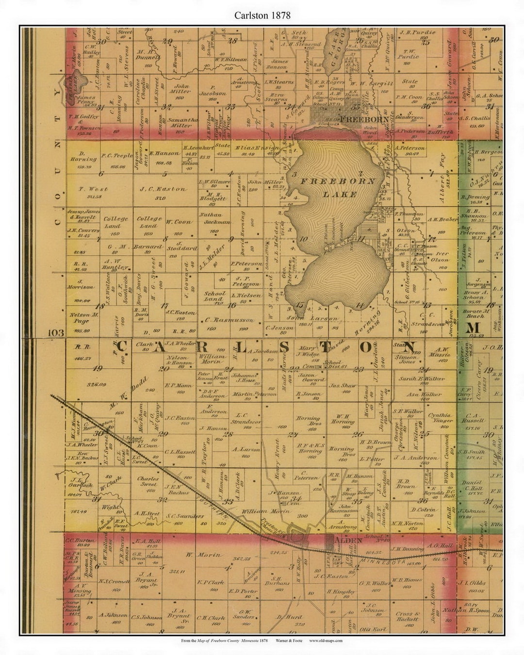 Carlston 1878 - Freeborn Lake - Old Town Map With Homeowner Names ...