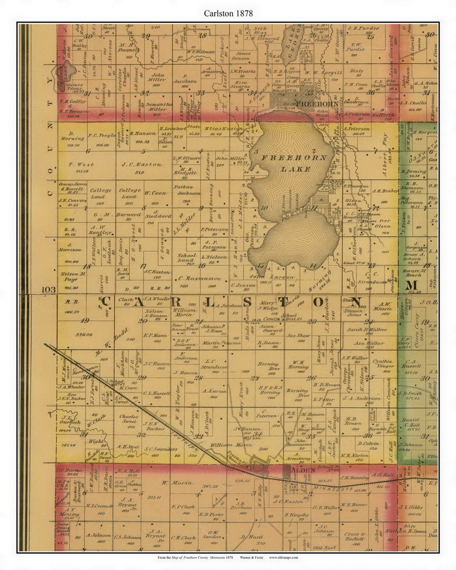 Carlston 1878 - Freeborn Lake - Old Town Map With Homeowner Names ...