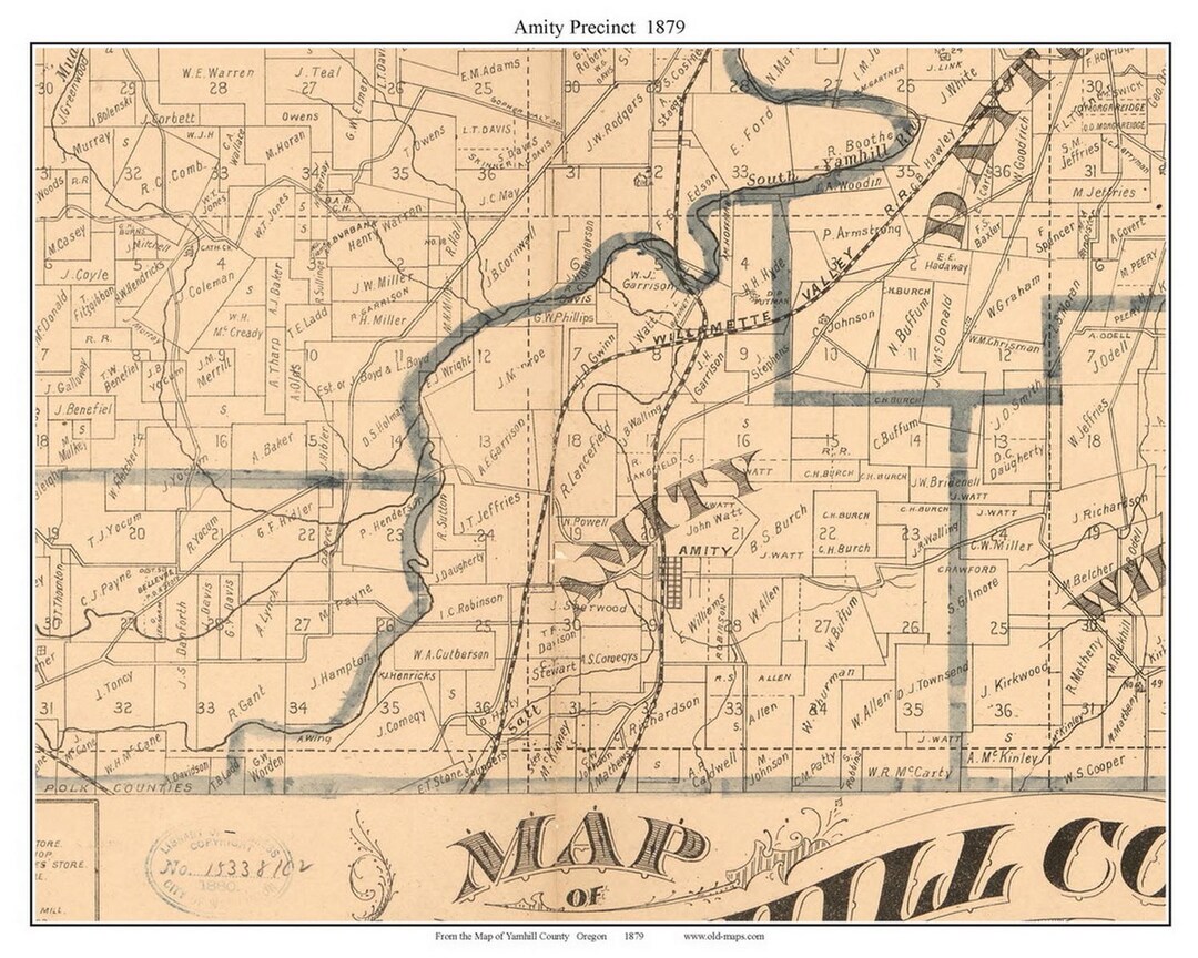 Amity Precinct 1879 Old Town Map With Homeowner Names - Oregon - Reprint Genealogy - Yamhill Co ...
