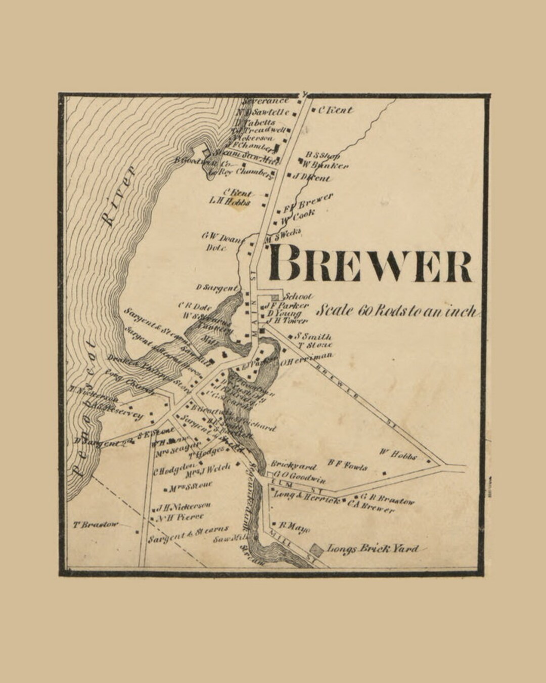 Brewer Village 1859 Old Town Map With Homeowner Names Maine - Reprint ...