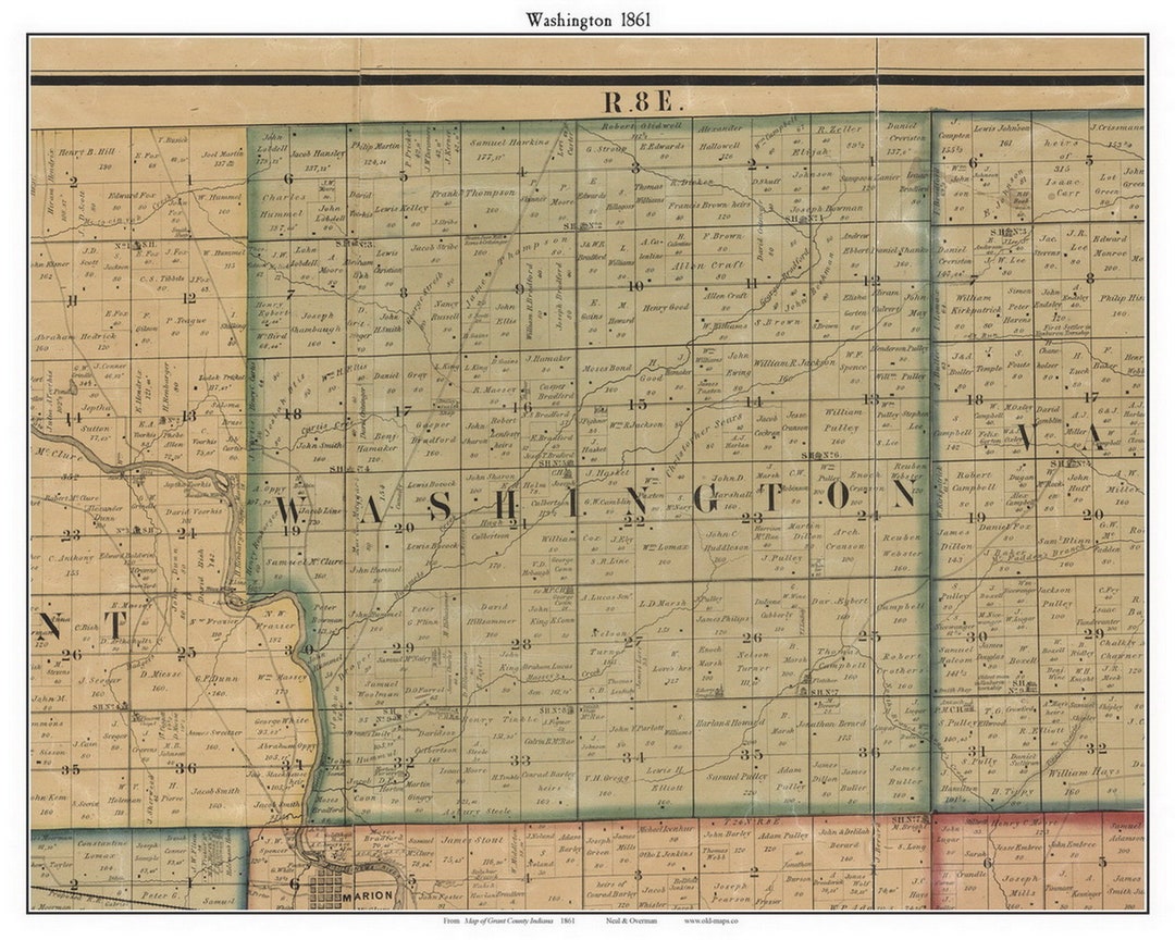 Washington 1861 Old Town Map With Homeowner Names Indiana - Reprint ...