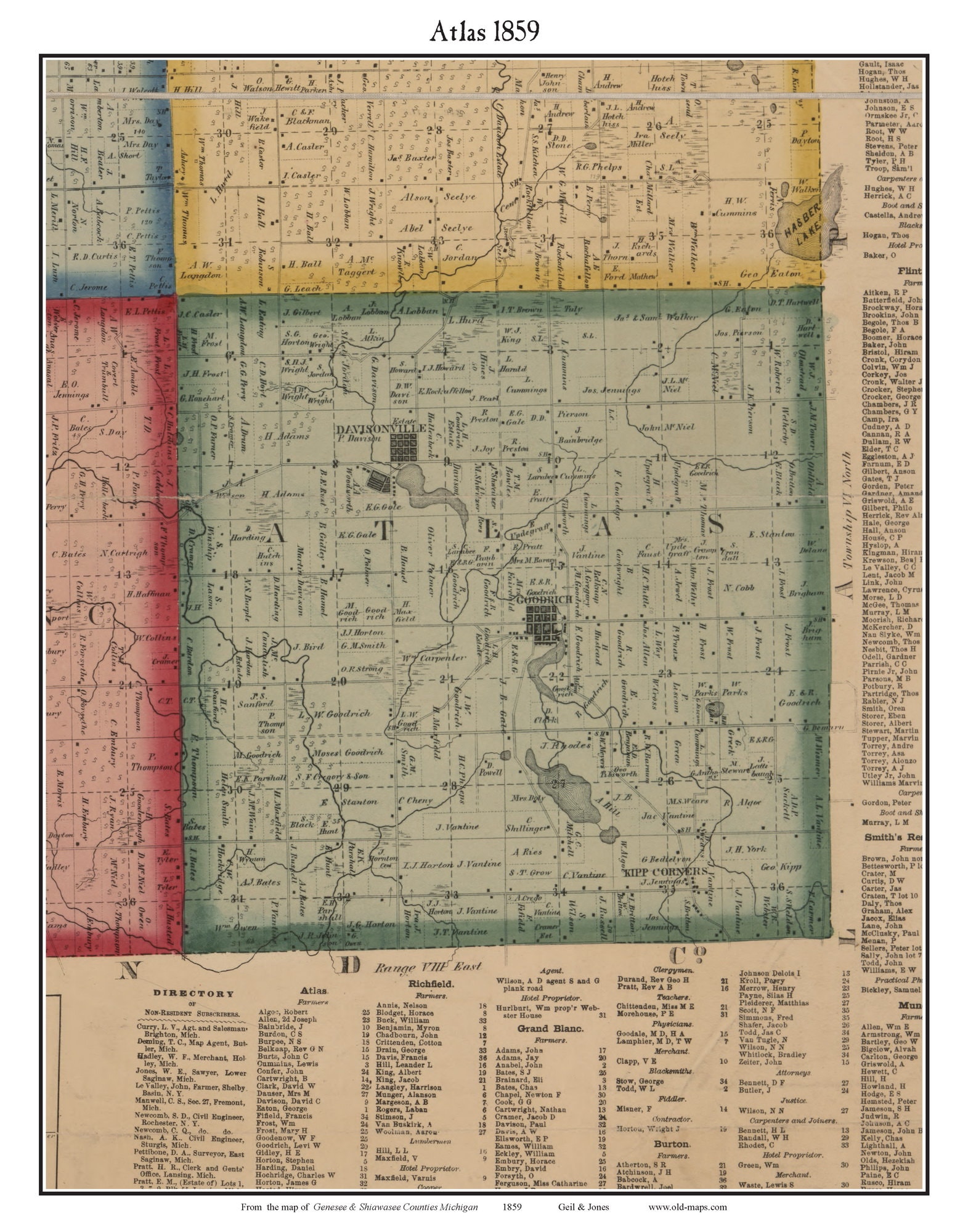Atlas 1859 Old Town Map With Homeowner Names - Goodrich - Davisonville ...
