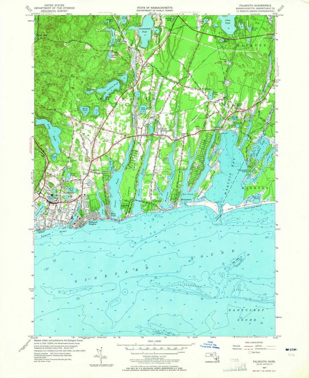 Falmouth 1957 Old Topo Map - Quad Reprint - Waquoit Bay Washburn Island ...