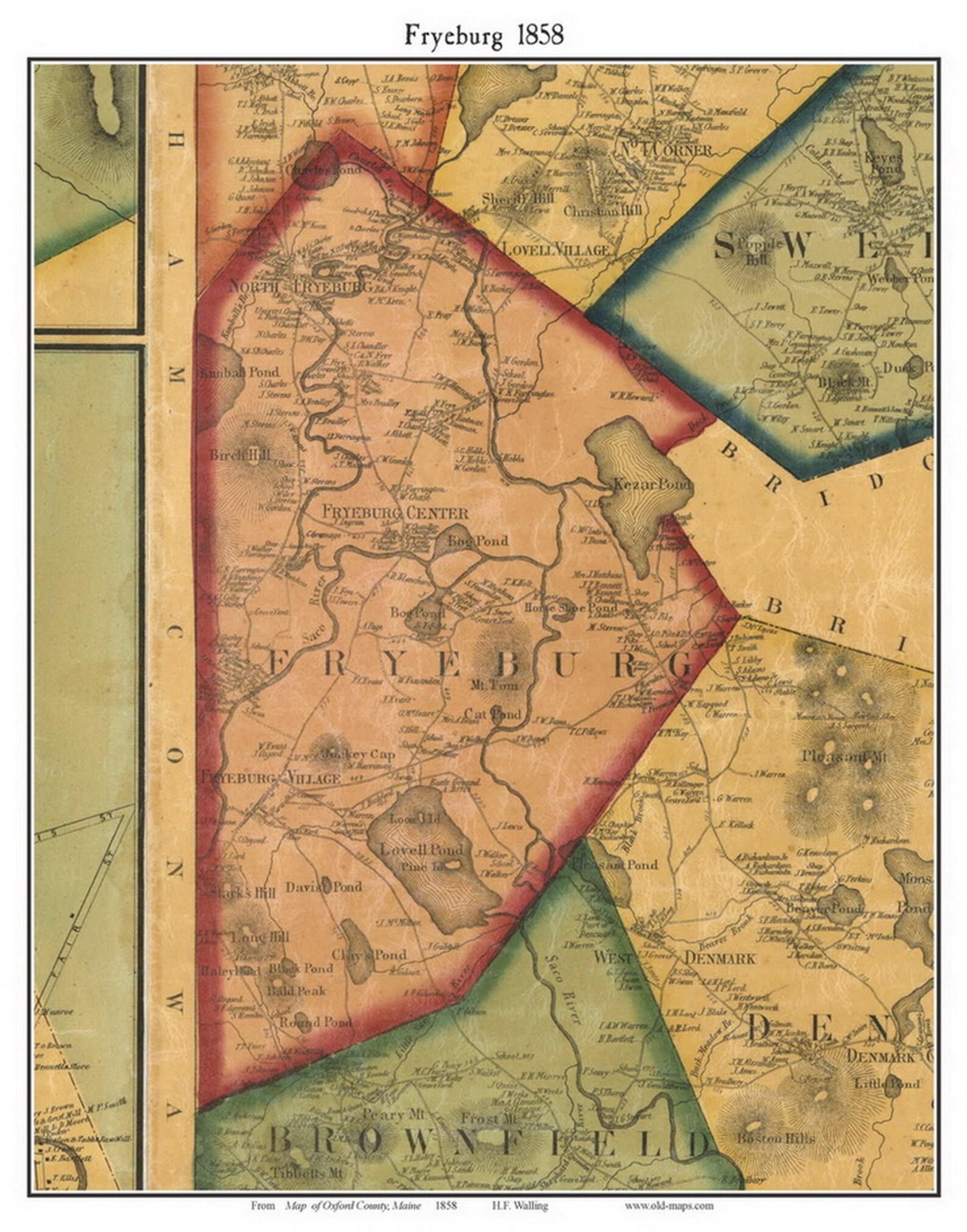 Fryeburg 1858 Old Town Map With Homeowner Names Maine Kezar Pond Lovell ...