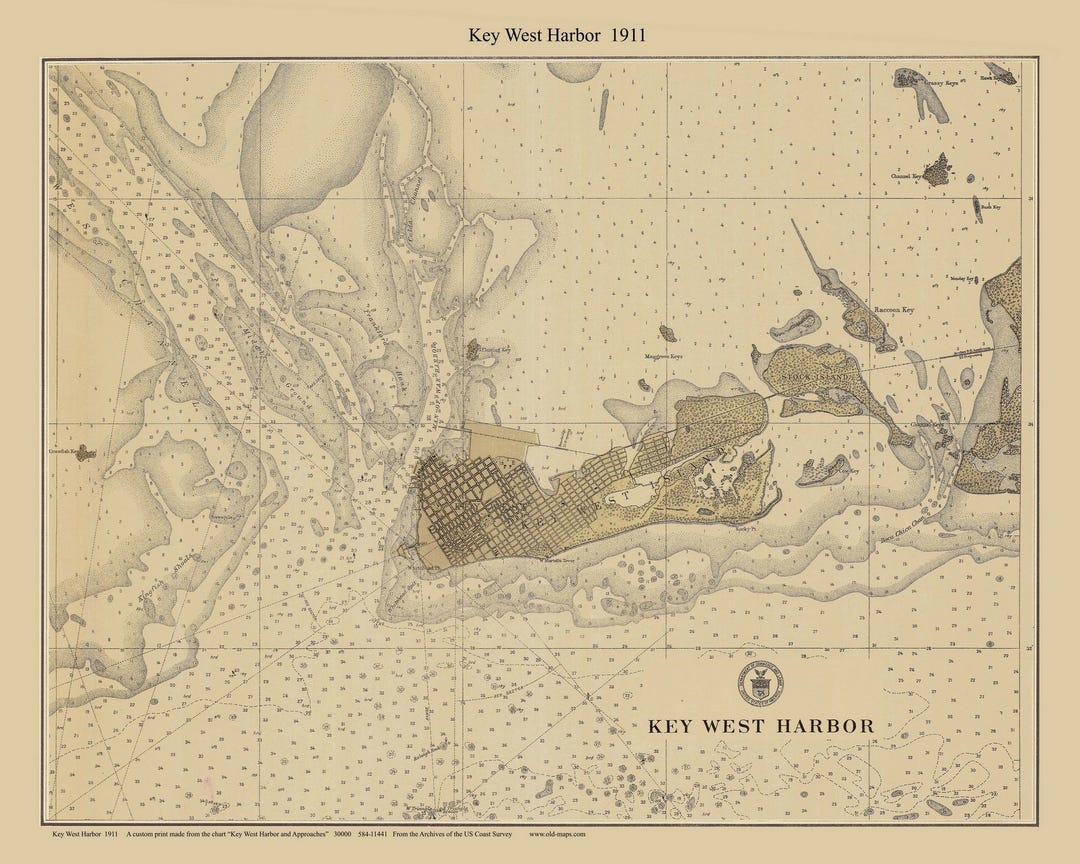 Key West Harbor 1911 - Nautical Map Florida - Custom Print - 584-11441 ...