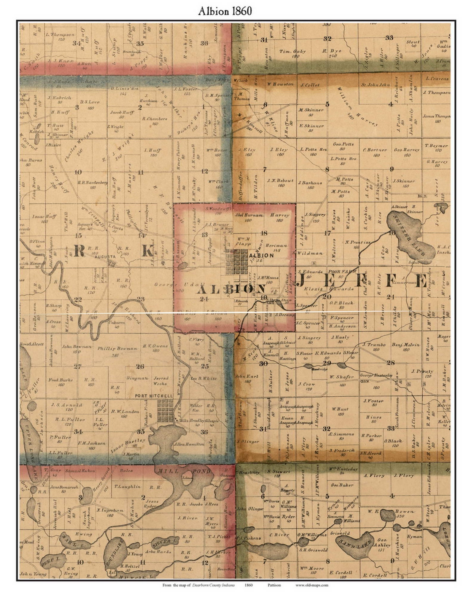 Albion 1860 Old Town Map With Homeowner Names Reprint Genealogy Noble ...