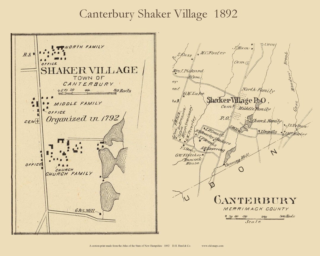Canterbury Shaker Village 1892 Map - Homeowner Names Custom Reprint ...