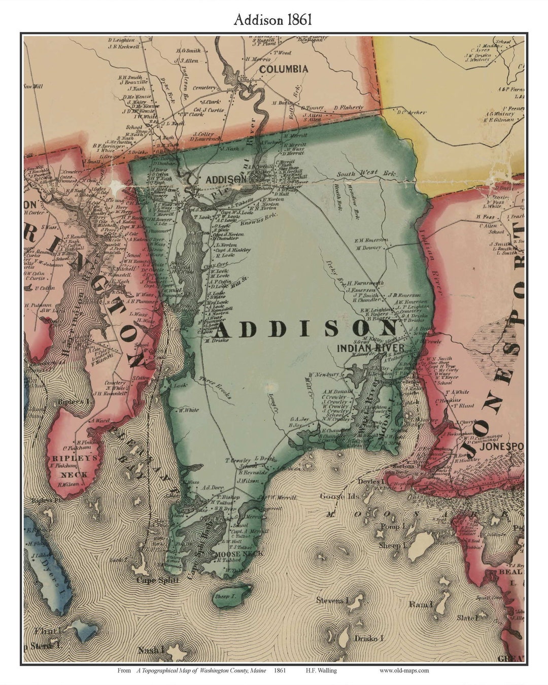 Addison 1861 Old Town Map With Homeowner Names Maine - Reprint ...