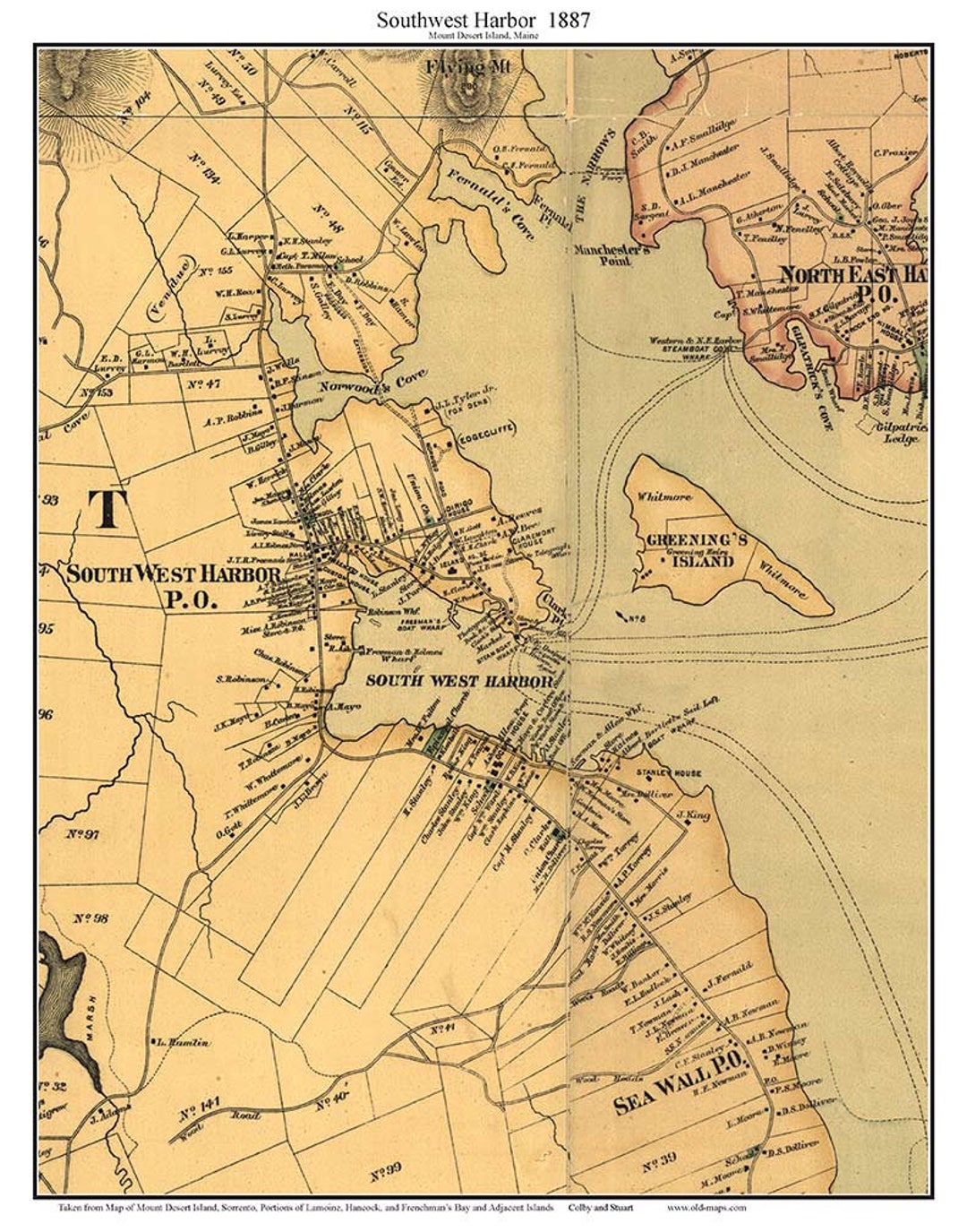 Southwest Harbor Maine 1887 Map Mount Desert Island - Custom Reprint ...