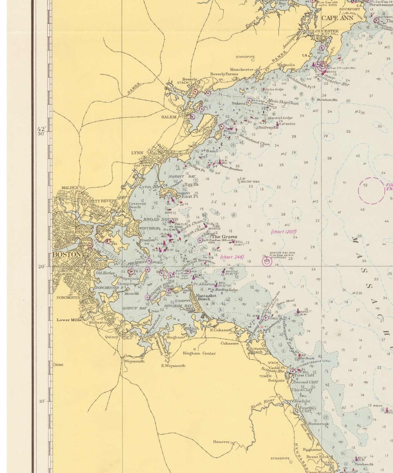 Massachusetts Shoreline Nautical Map 1951 Cape Cod to New - Etsy