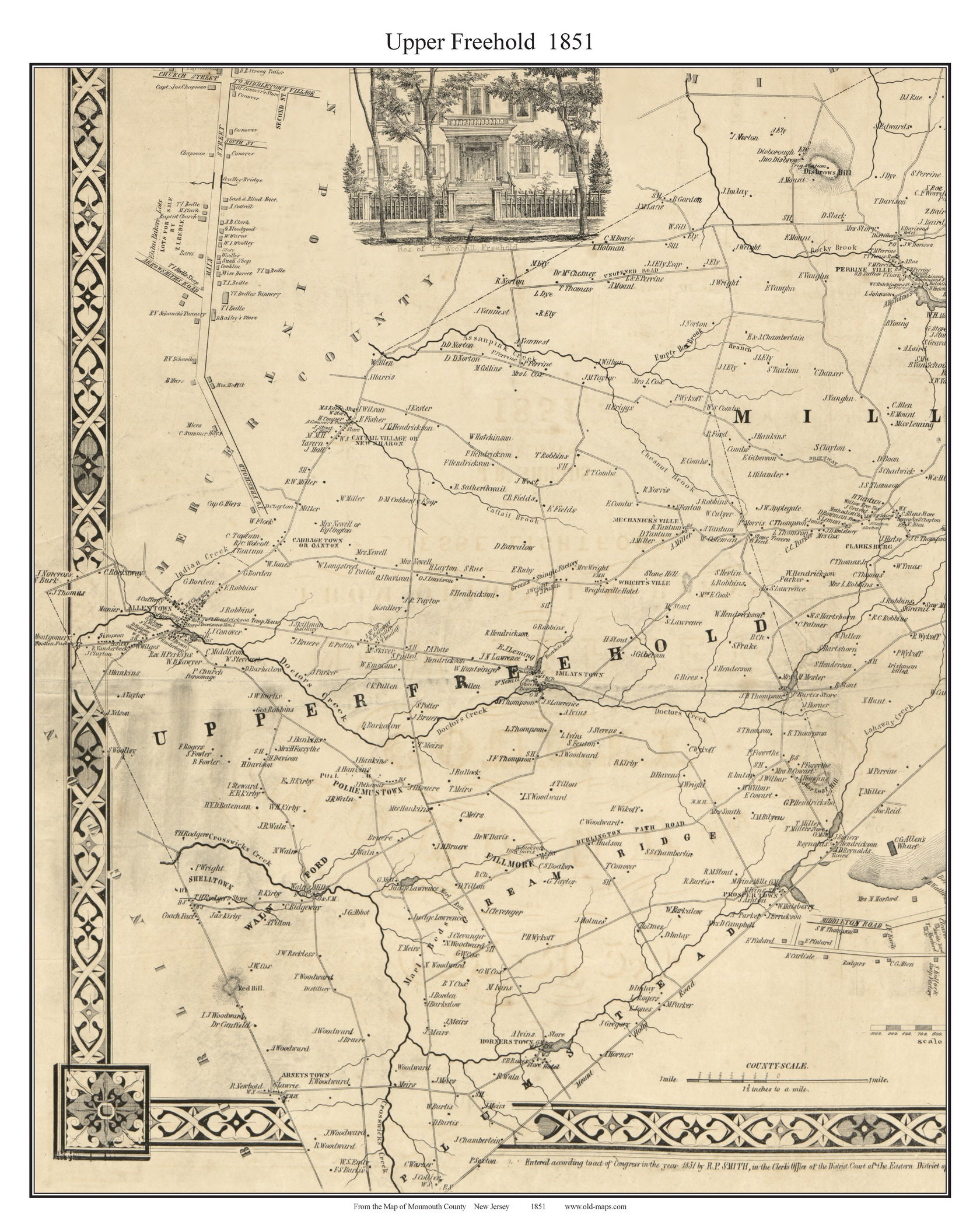 Upper Freehold 1851 Old Town Map With Homeowner Names Allentown ...