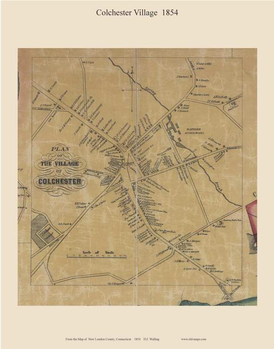 Colchester Village Connecticut 1854 Old Town Map With Homeowner Names ...