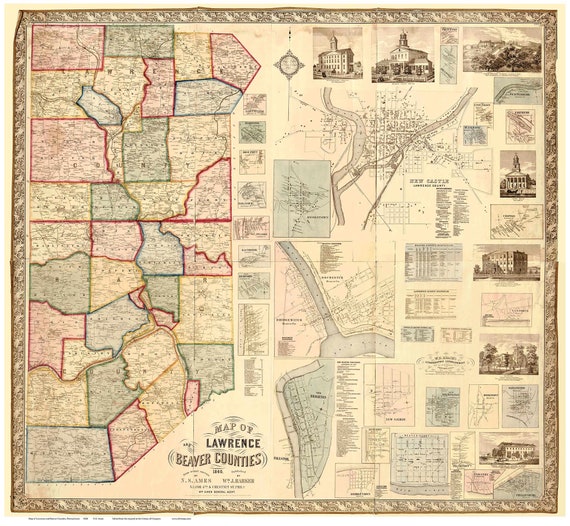 Lawrence & Beaver Counties 1860 PA Copy 1 Wall Map With | Etsy