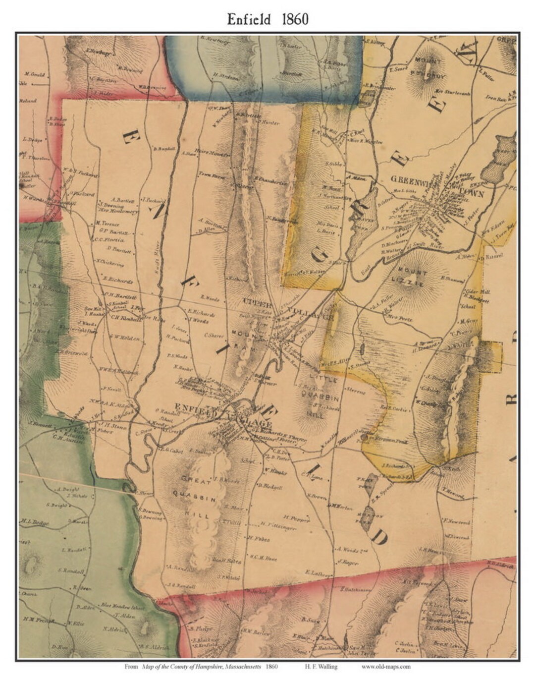 Enfield 1860 Old Town Map With Homeowner Names Massachusetts Reprint ...