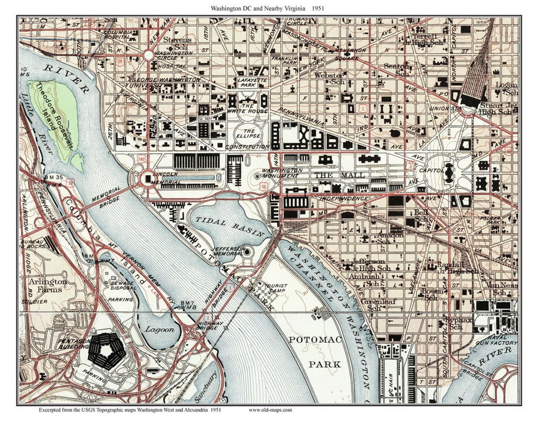 Washington DC Downtown 1951 Old Topographic Map USGS Custom Composite ...