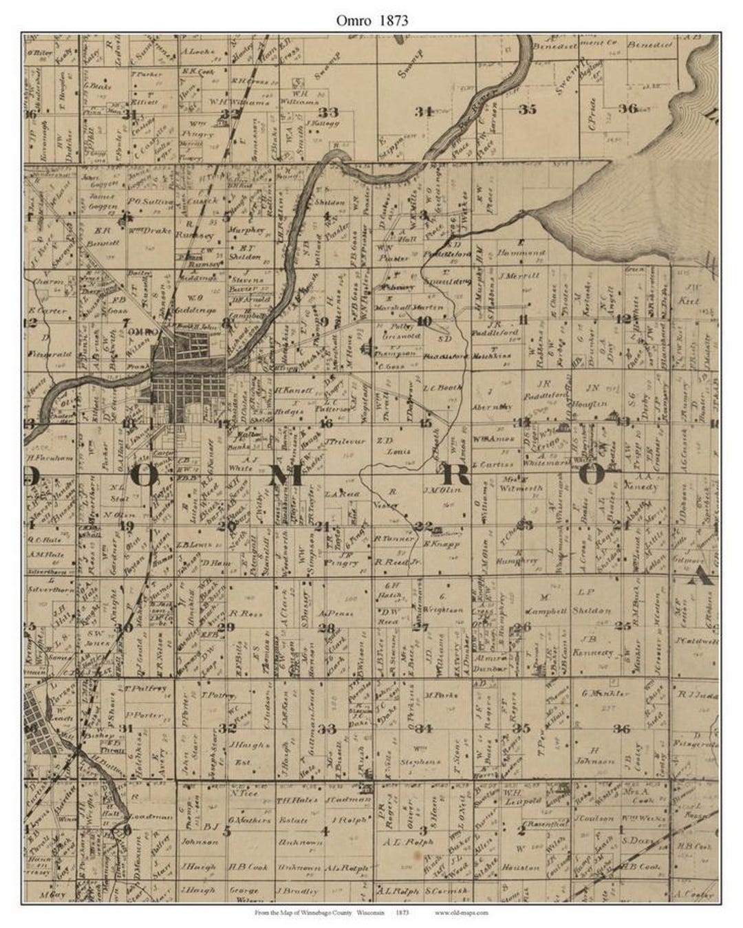 Omro 1873 Old Town Map With Homeowner Names - Wisconsin - Reprint ...