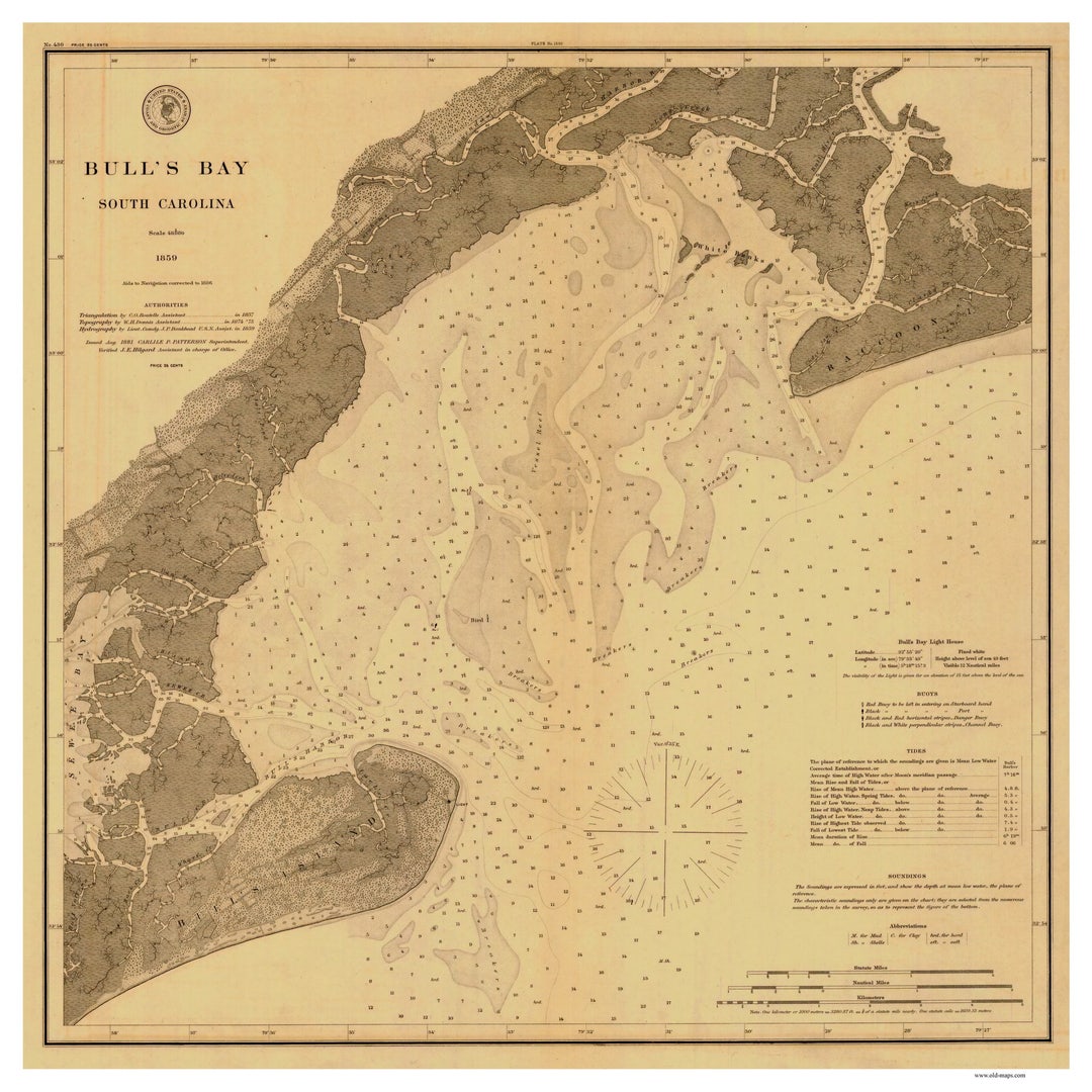 Bull's Bay 1881 Map - Old Nautical Chart - South Carolina - Reprint ...