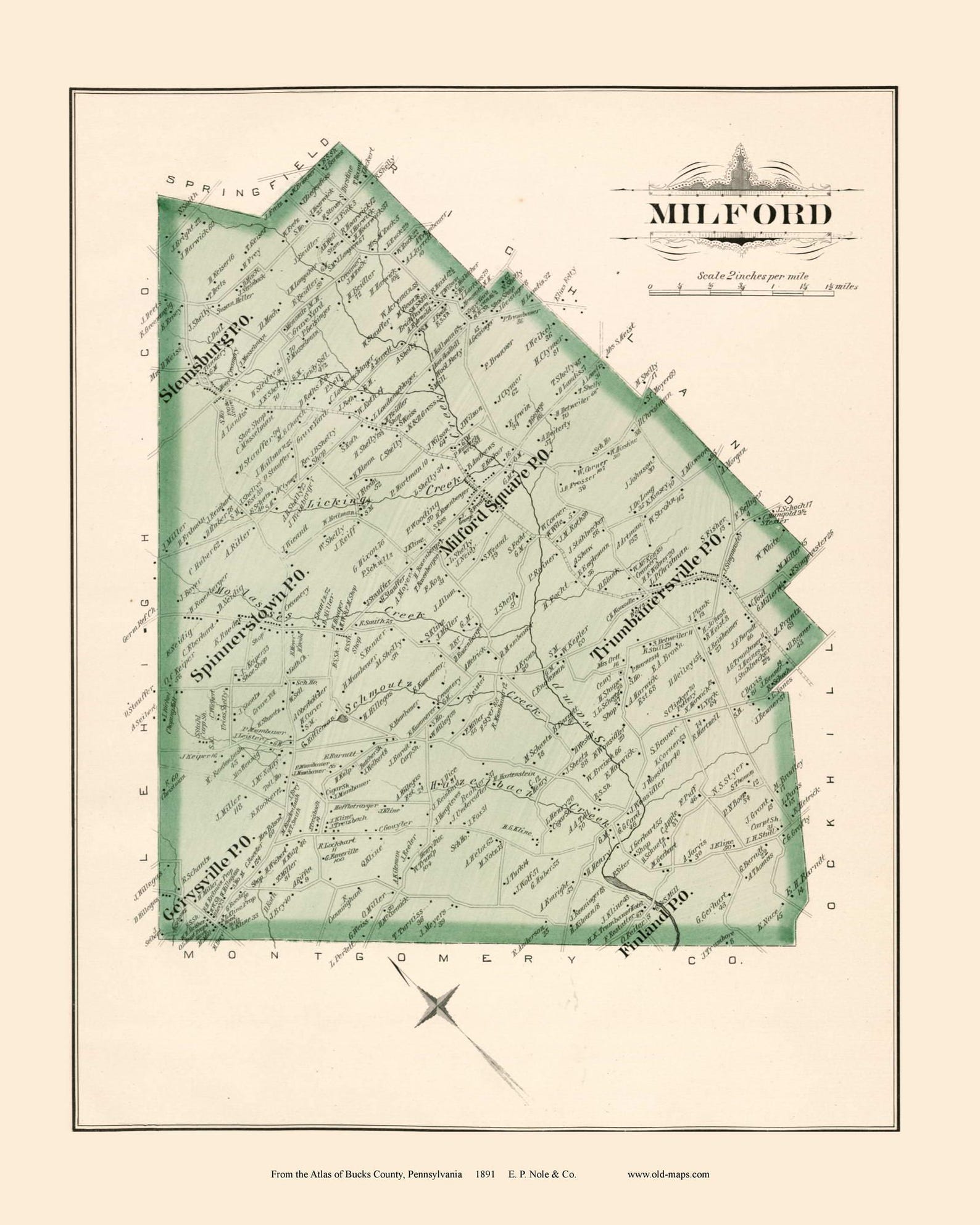 Milford 1891 Old Town Map With Homeowner Names Pennsylvania Geneaology ...