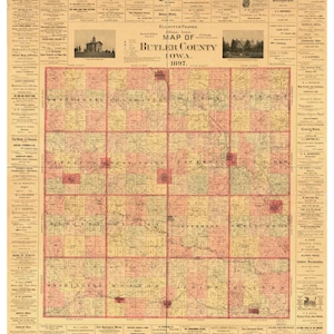 Butler County Iowa 1897 Old Wall Map With Landowner Names Farm Lines ...
